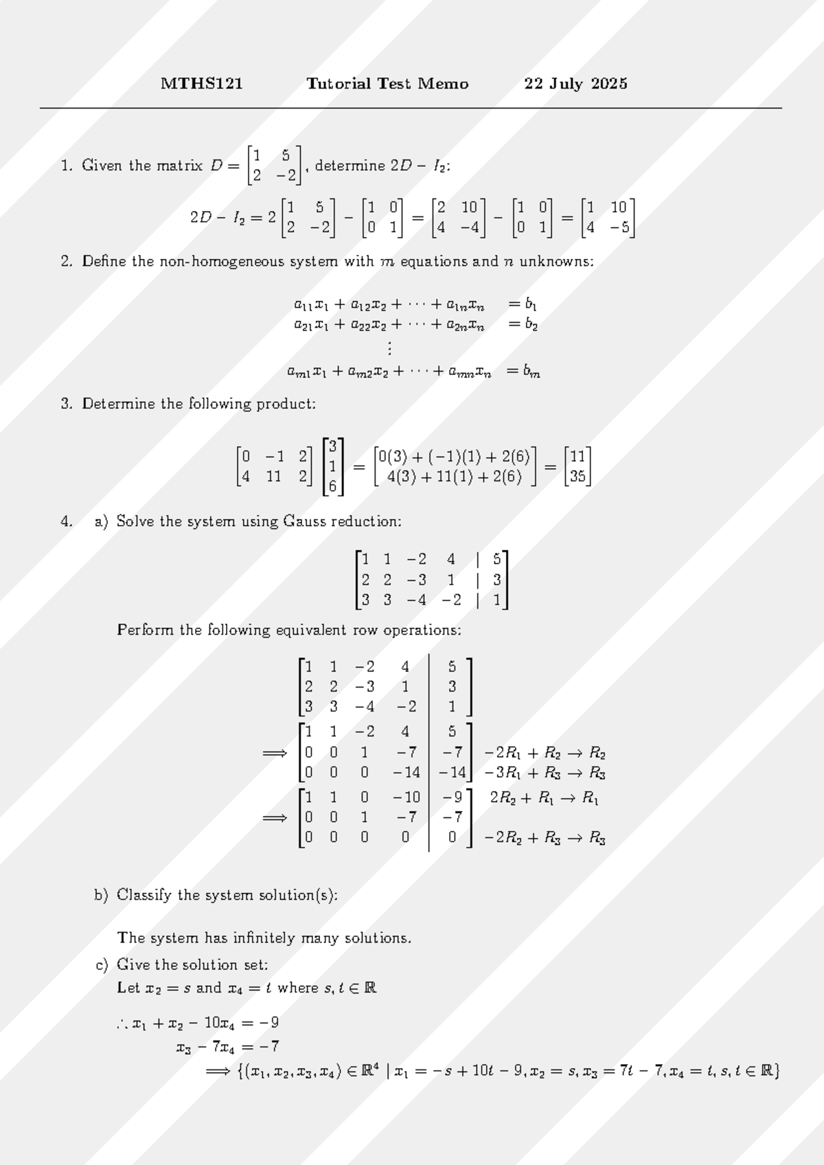 MTHS121 Tutorial Test 2 Memo - July 22, 2025 - Studocu