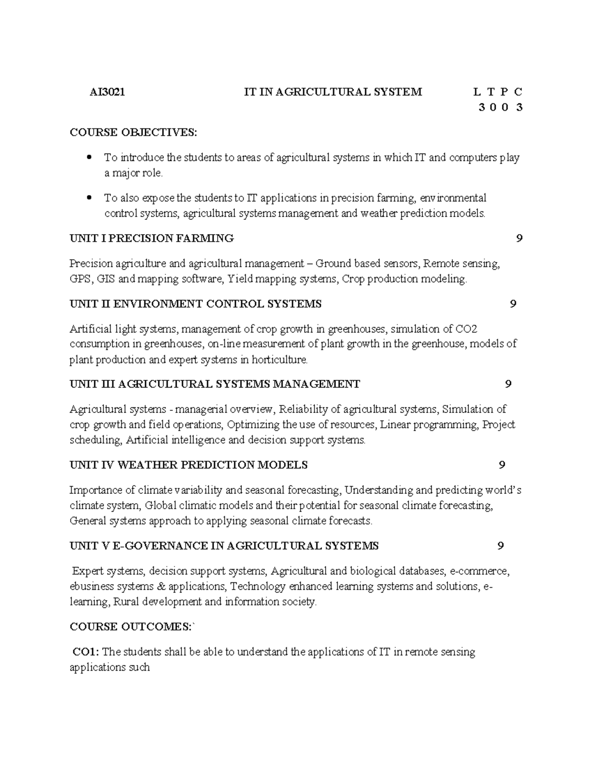 AI3021 Syllabus: IT in Agricultural Systems Course Overview and Units ...