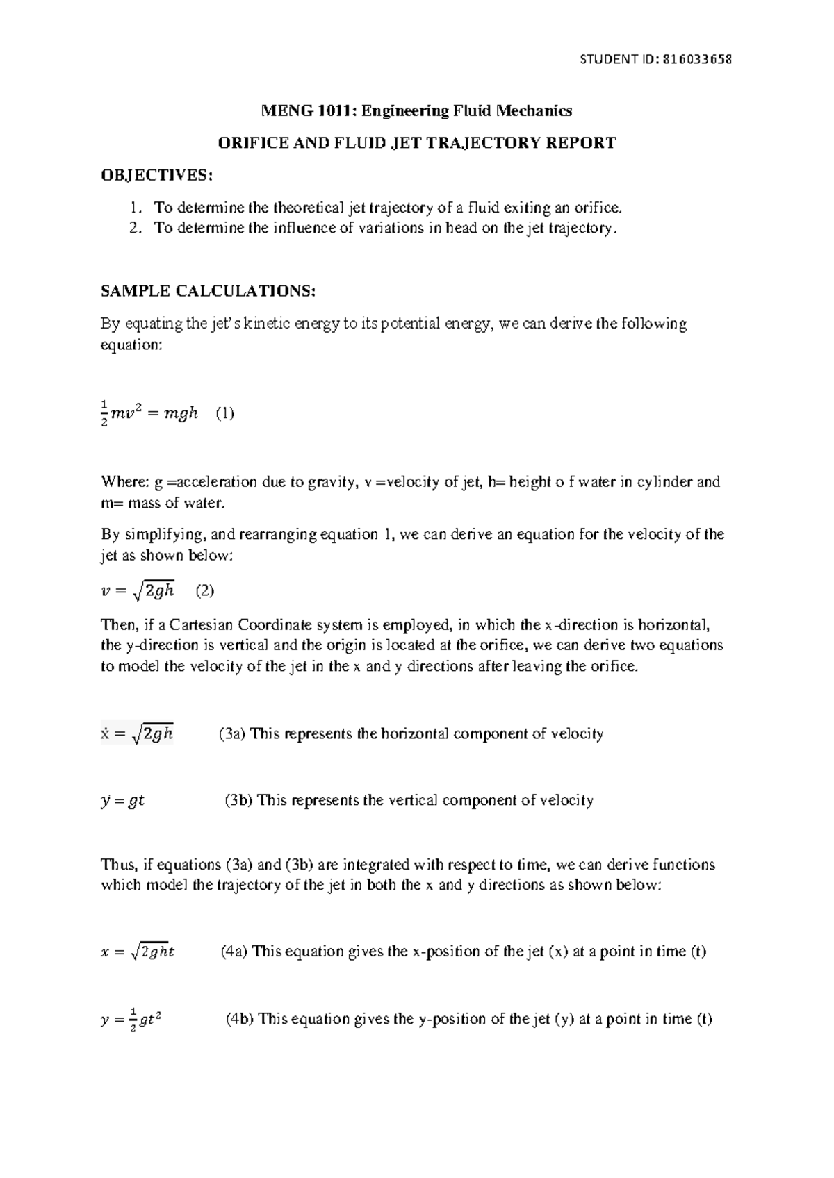 MENG 1011 - Orifice Lab Report: Fluid Jet Trajectory Analysis 2022 ...
