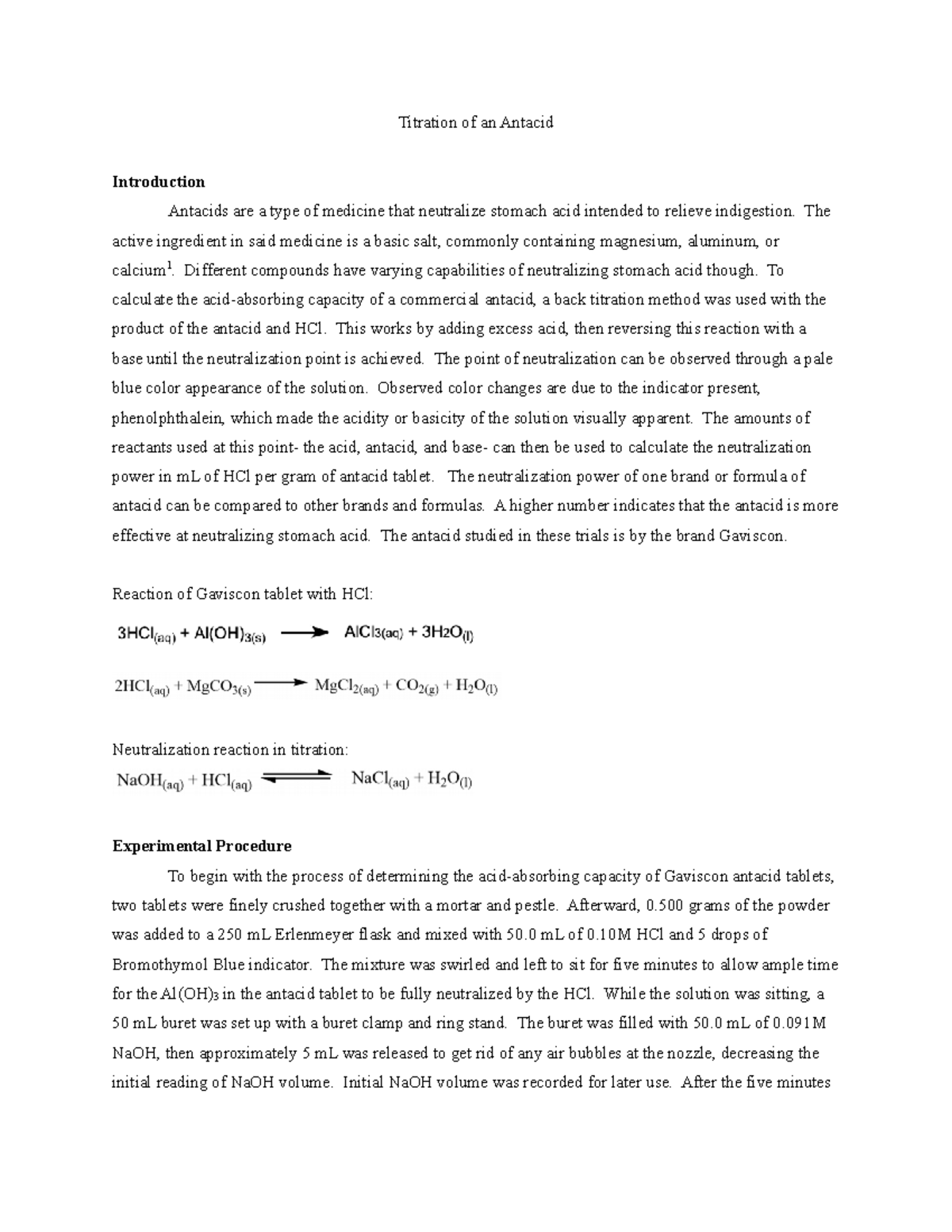 Titration of Gaviscon Antacid: Lab Report Analysis - Studocu
