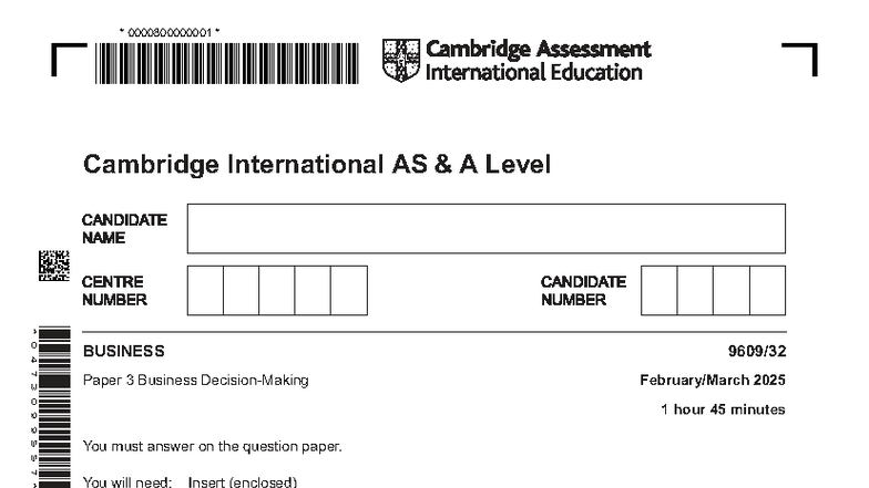 Cambridge International AS A Level 9609/32 Business Paper 3 Past Exam ...