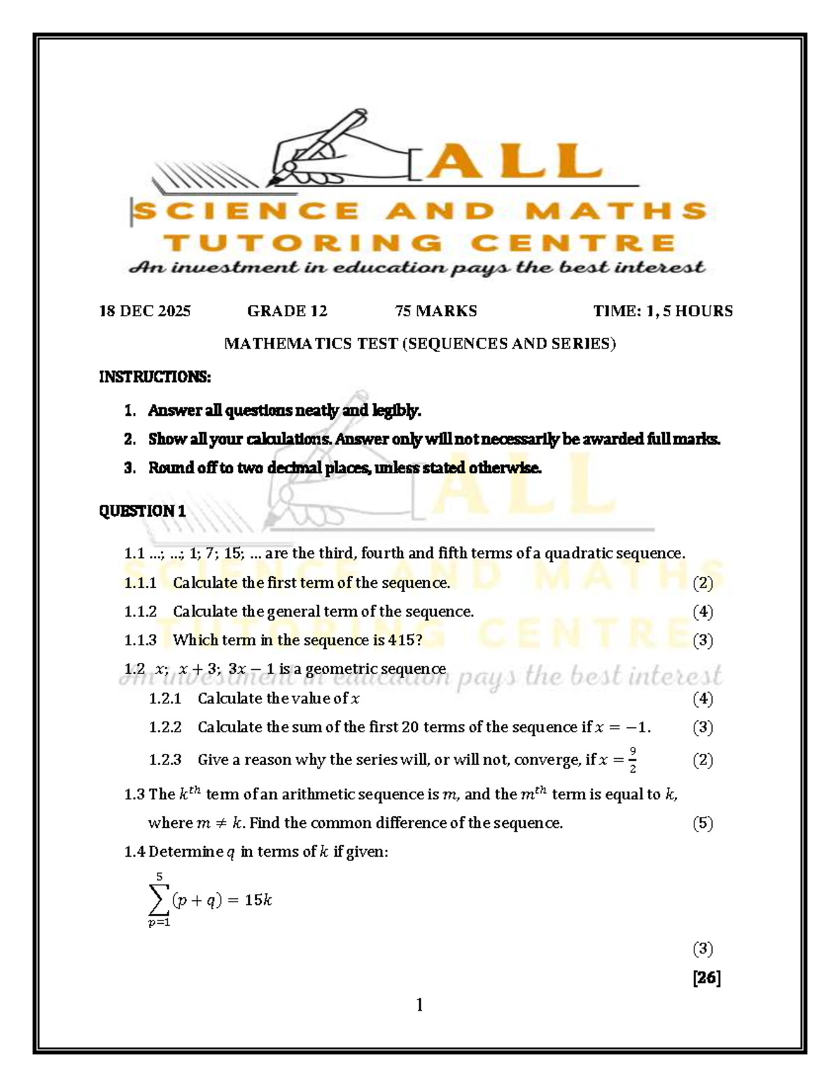 Grade 12 Mathematics Test 3: Number Patterns (Sequences & Series) - Studocu