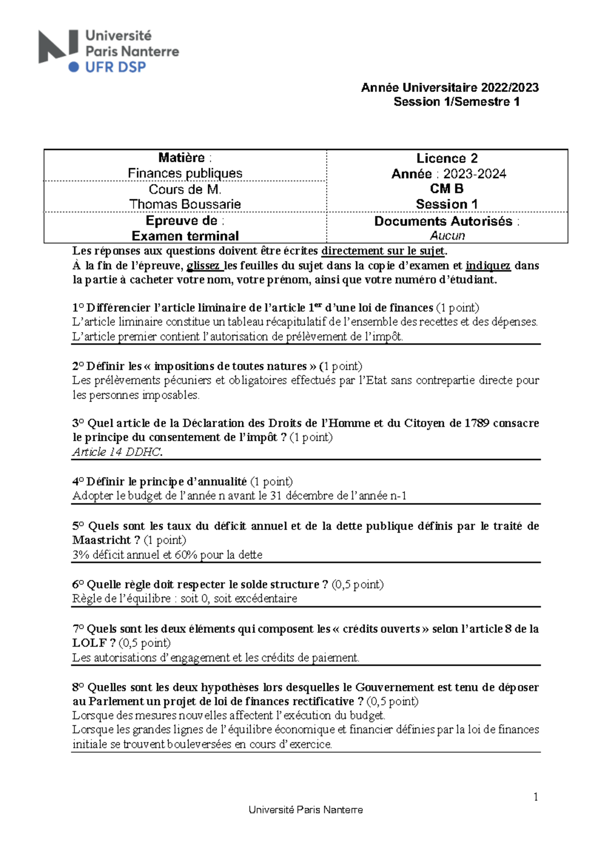 Correction de l'Examen Terminal de Finances Publiques CMB S1 - Studocu