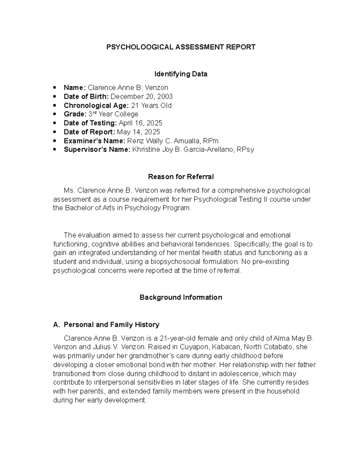 PSY 202 Psychological Assessment Report for Clarence Anne B. Venzon ...