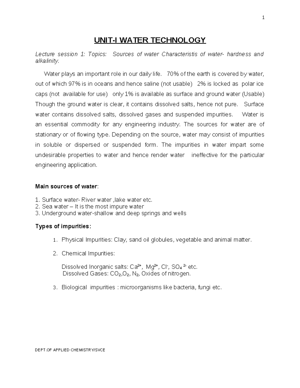 Unit I - Water Technology: Sources, Characteristics, and Treatment ...