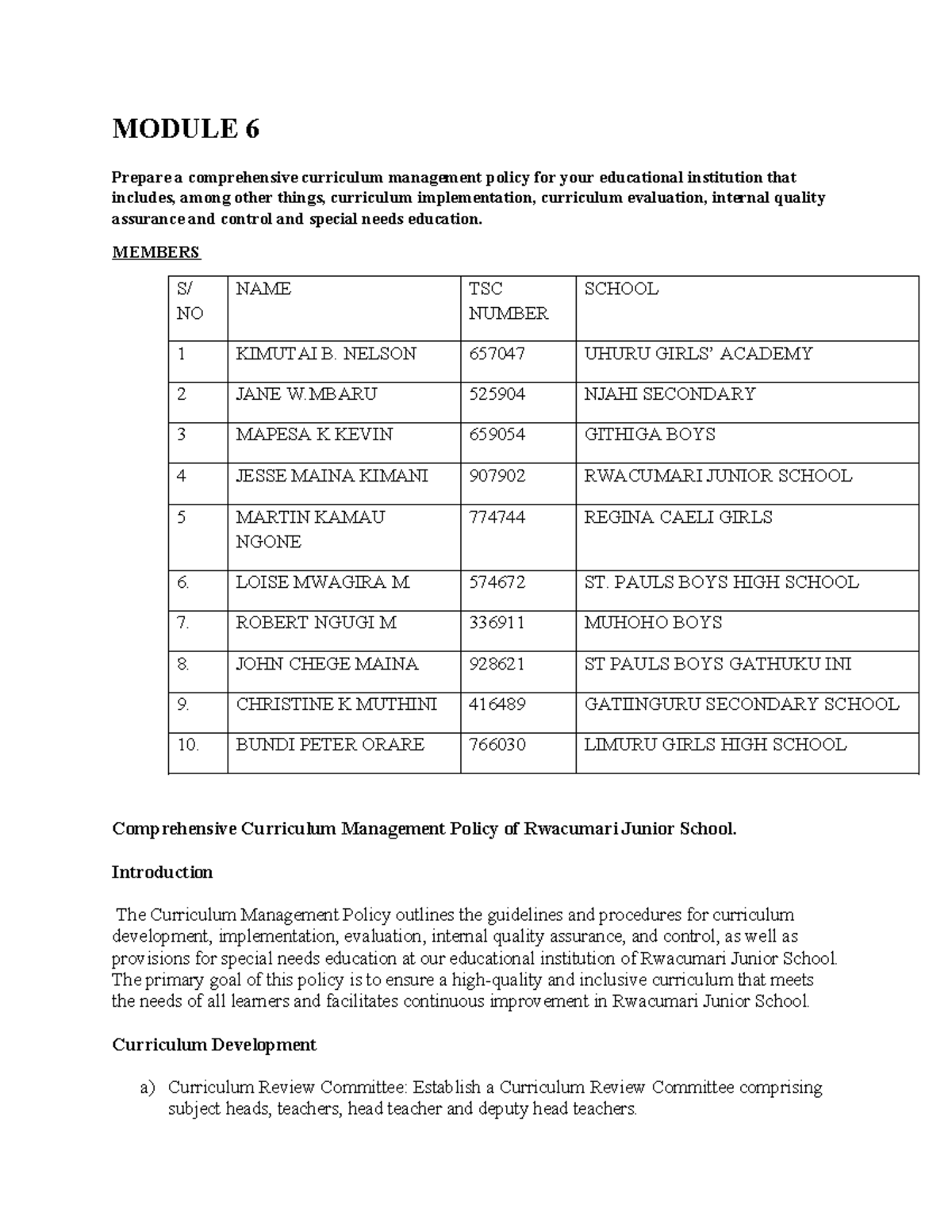 Module 6 Group Assignment - MODULE 6 Prepare a comprehensive curriculum ...