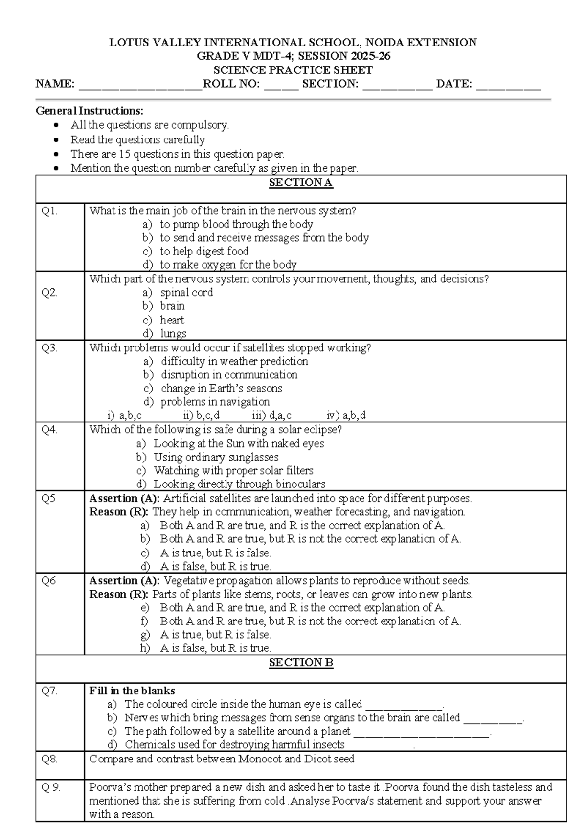 Grade V Science Practice Sheet - LOTUS VALLEY INT. SCHOOL MDT 4 - Studocu