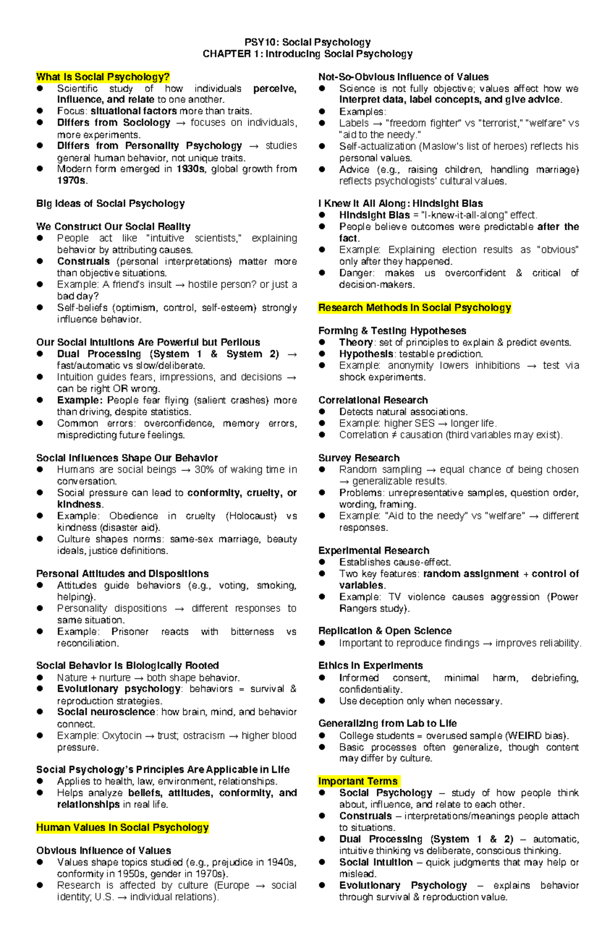PSY10: Social Psychology CHAPTER 1 & 2 Review Notes - Studocu