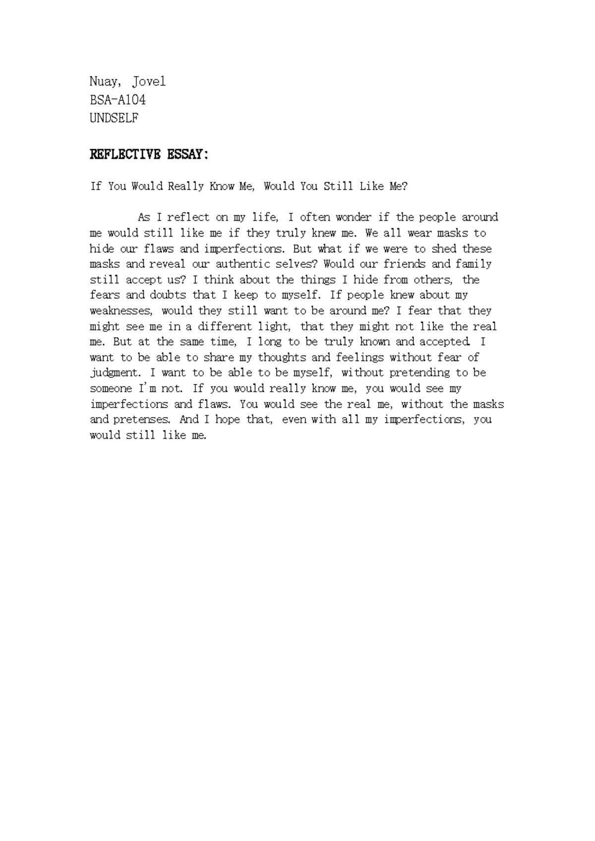 Undself - REVIEWER - Nuay, Jovel BSA-A UNDSELF REFLECTIVE ESSAY: If You ...