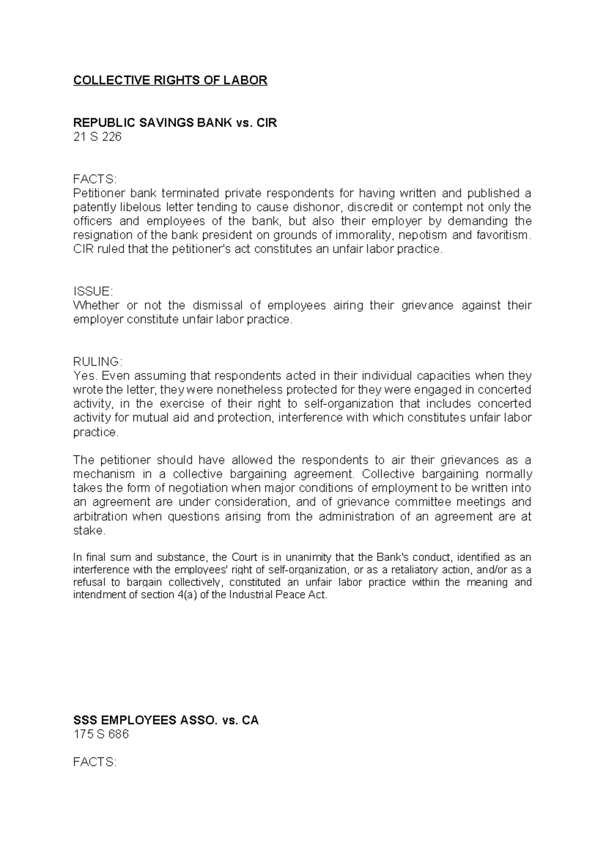Collective Rights Case Studies: Labor Disputes and Rulings 123250 - Studocu