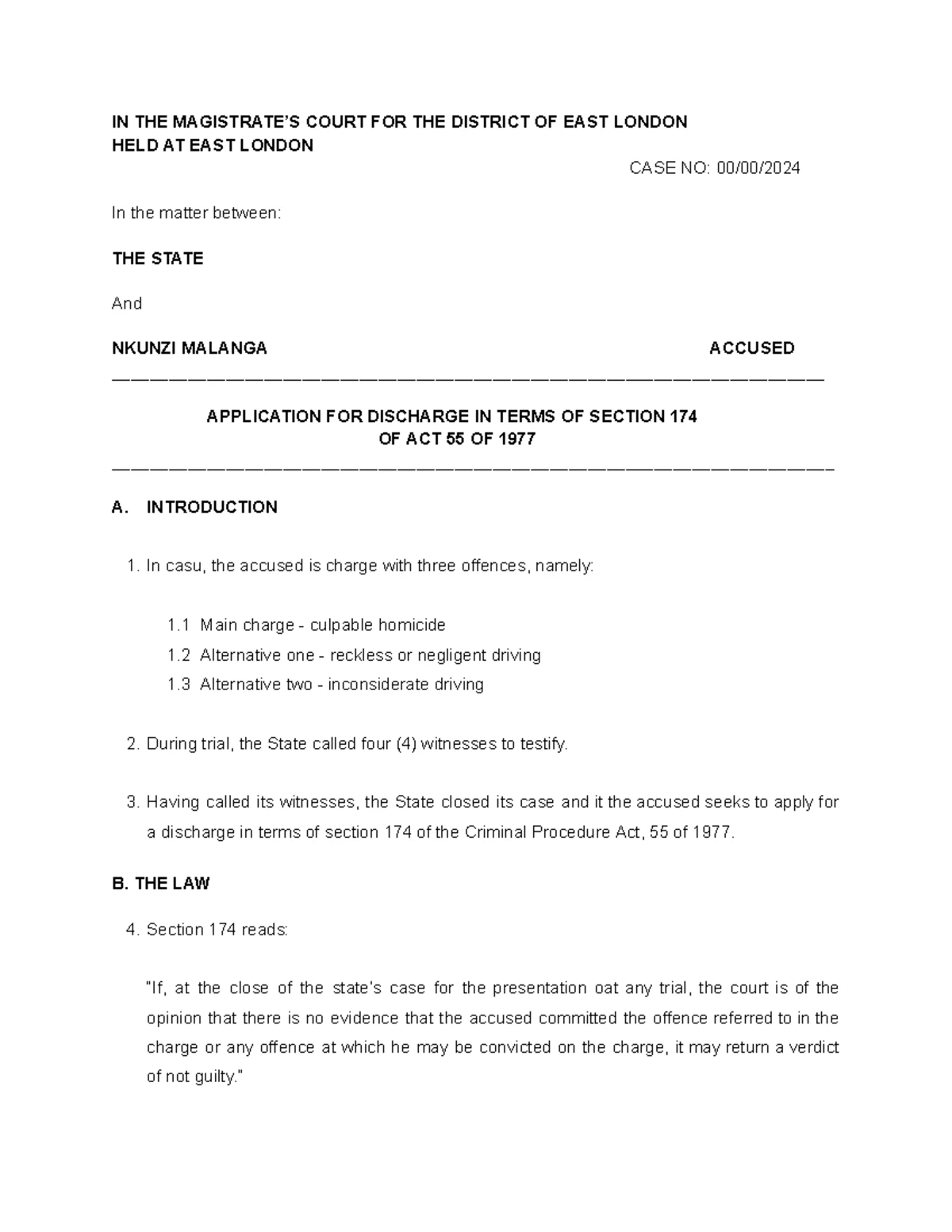 Section 174 application for discharge - IN THE REGIONAL COURT FOR THE ...