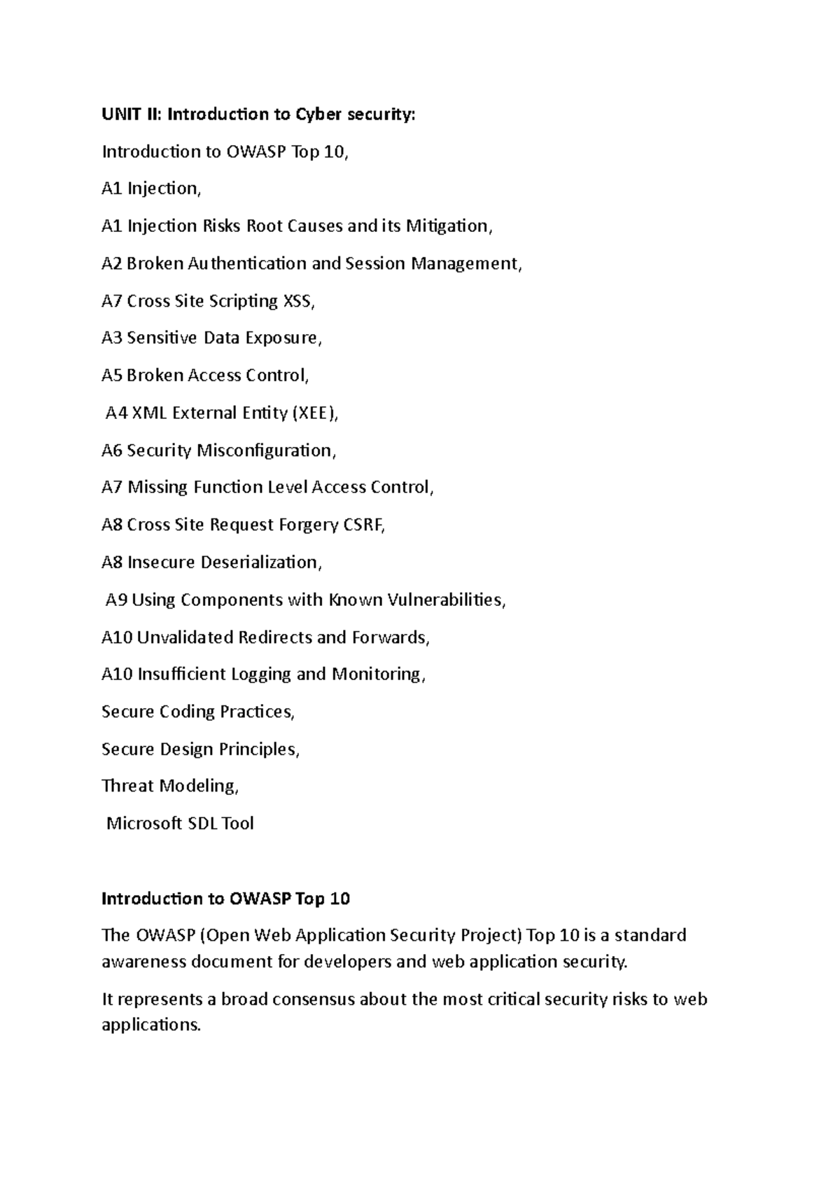SCT Unit-2 Cybersecurity OWASP Top 10 and Injection Vulnerabilities - Studocu