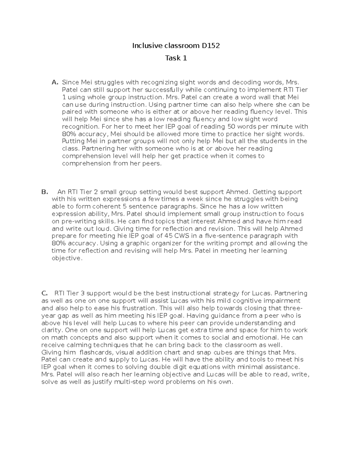 D152 Task 1 2024 - Inclusive classroom - Inclusive classroom D Task 1 A ...