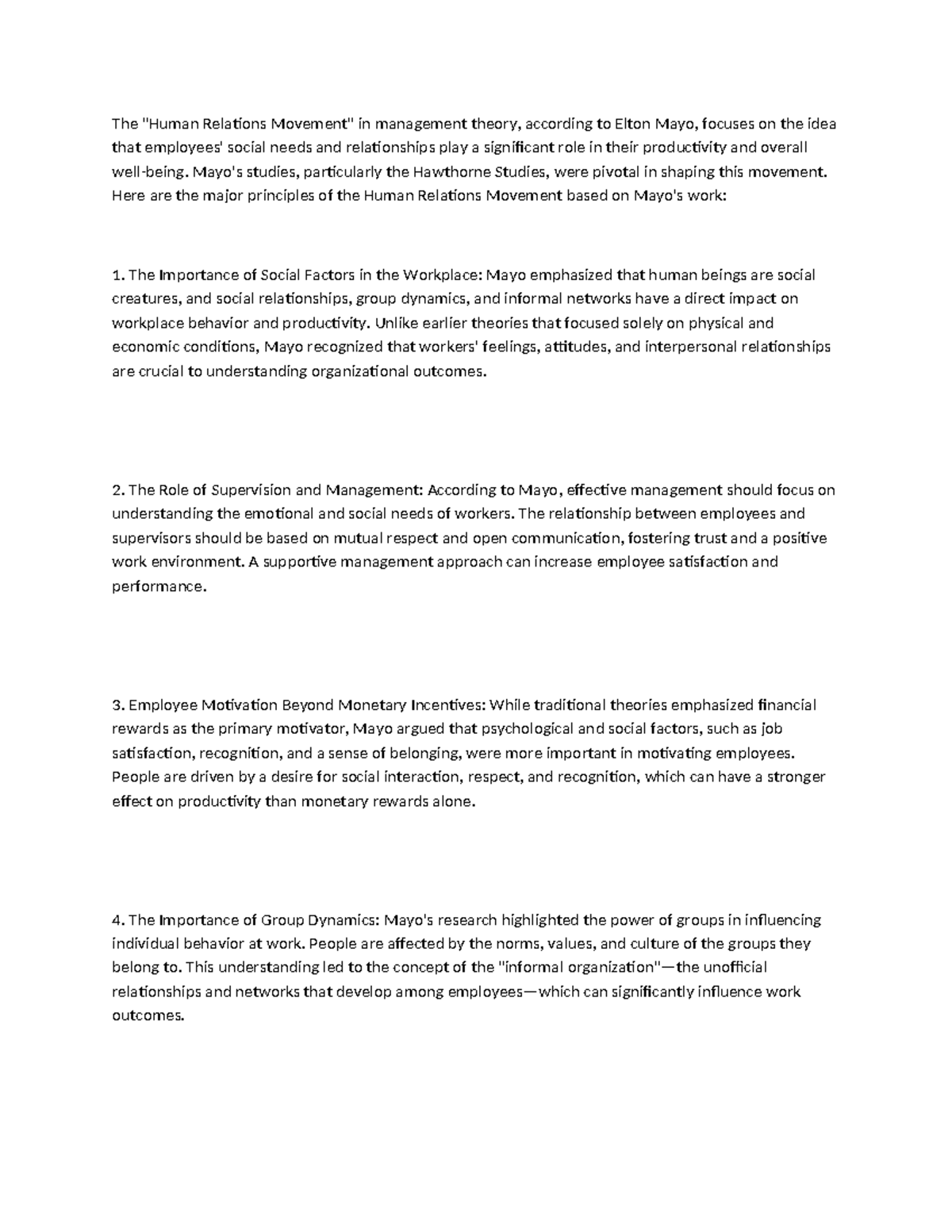Human Relations Movement Overview - Management Theory Insights - Studocu
