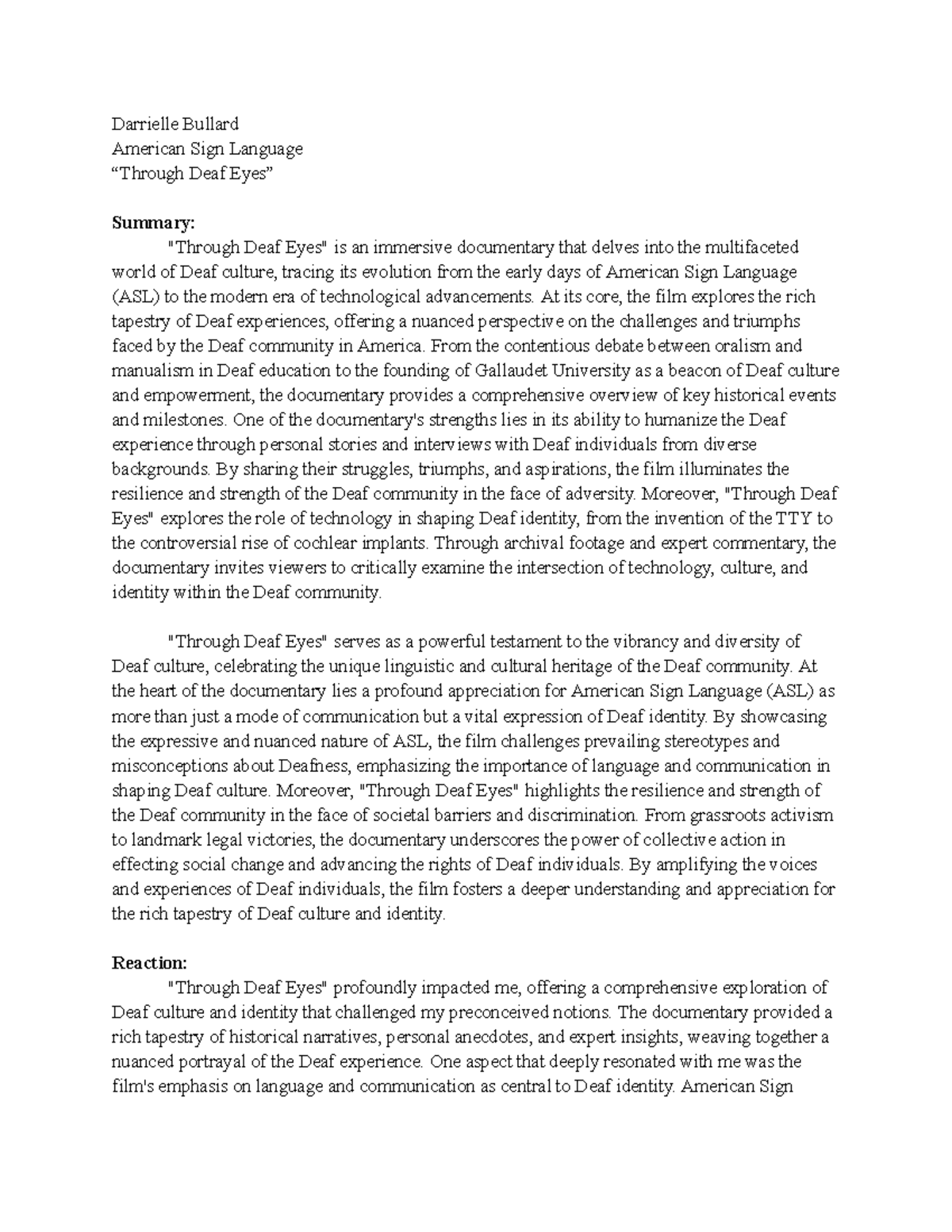 "Deaf Culture Explored: A Summary of 'Through Deaf Eyes' - ASL" - Studocu