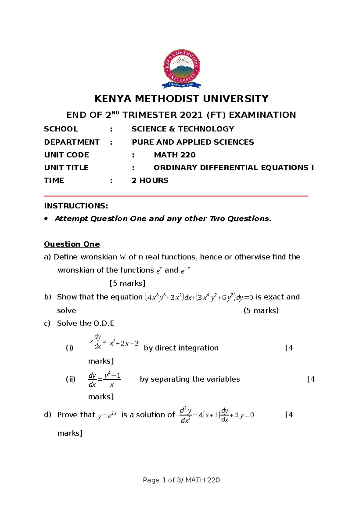 MATH 220 - Ordinary Differential Equations I - KENYA METHODIST UNIVERSITY END OF 2 ND TRIMESTER ...