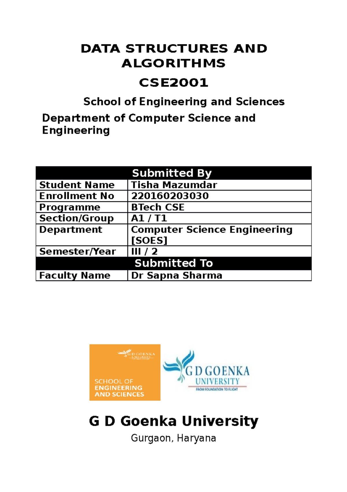CSE III Sem Data Structures & Algorithms Assignment by Tisha Mazumdar - Studocu