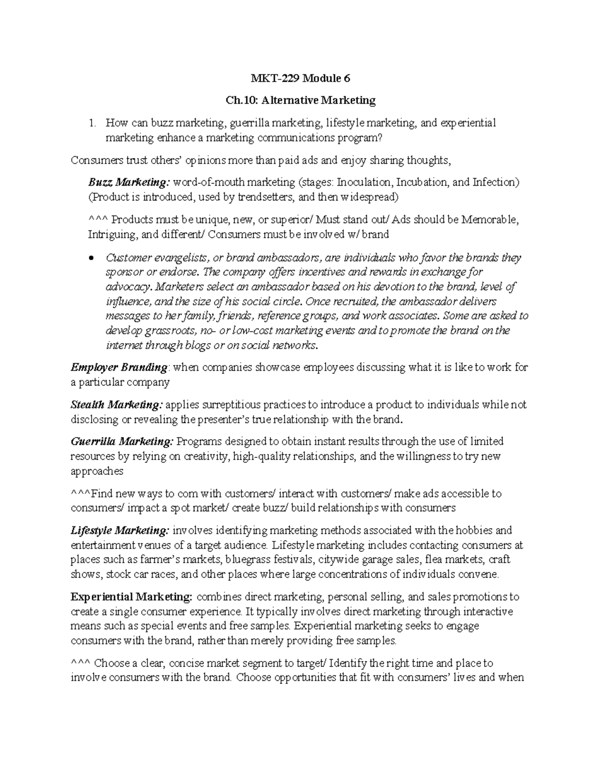 MKT 229 Module 6: Alternative Marketing Strategies and Concepts - Studocu