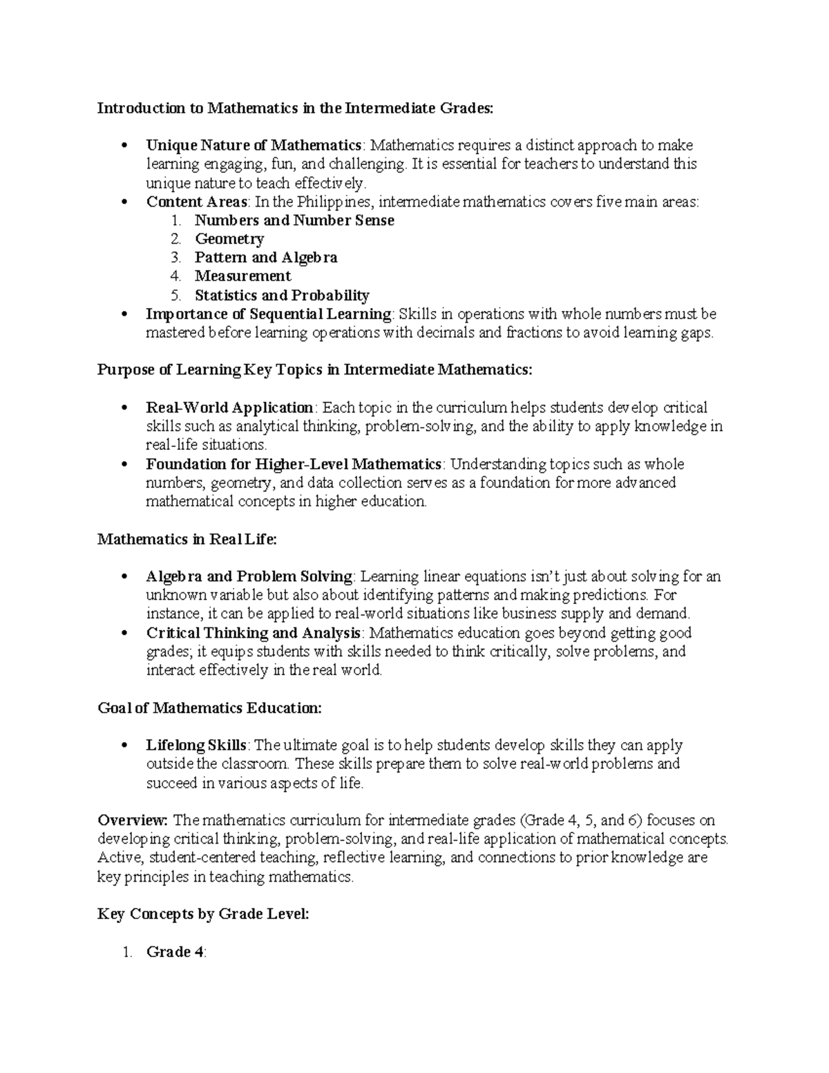Math 101 - Reviewer for Intermediate Grades Mathematics Concepts - Studocu