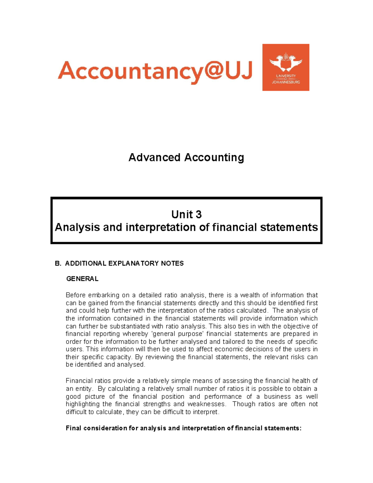 Advanced Accounting Unit 3: Financial Statement Analysis & Ratios - Studocu