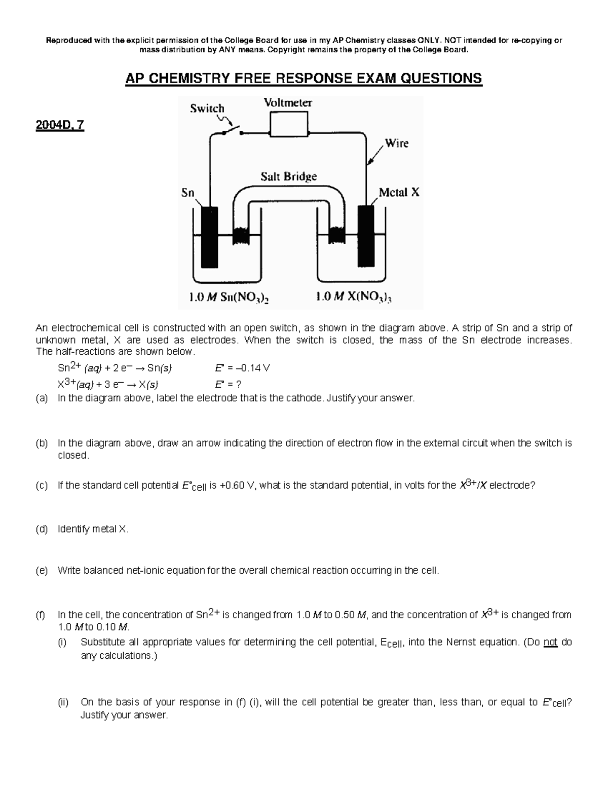 AP CHEMISTRY Free Response Questions 2004D - Electrochemical Cells ...