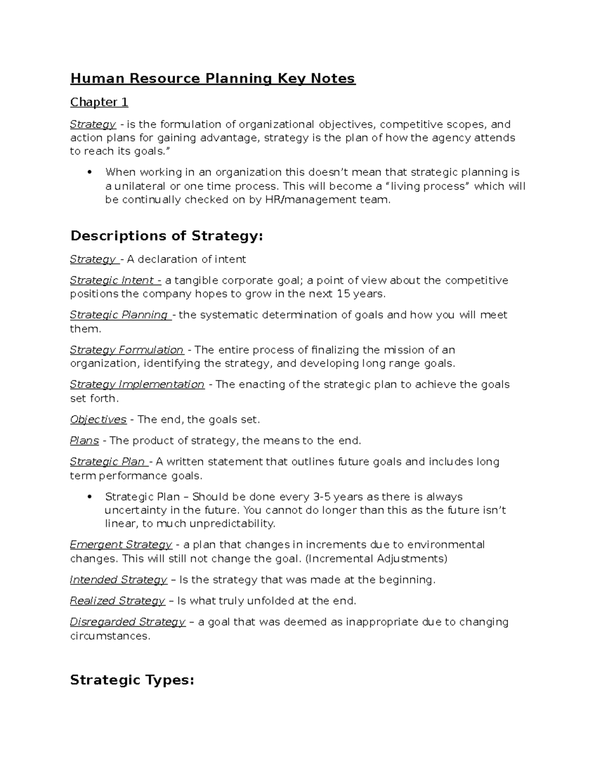 HRP Key Notes: Strategic Planning & Demand Forecasting (Ch. 1-4) - Studocu