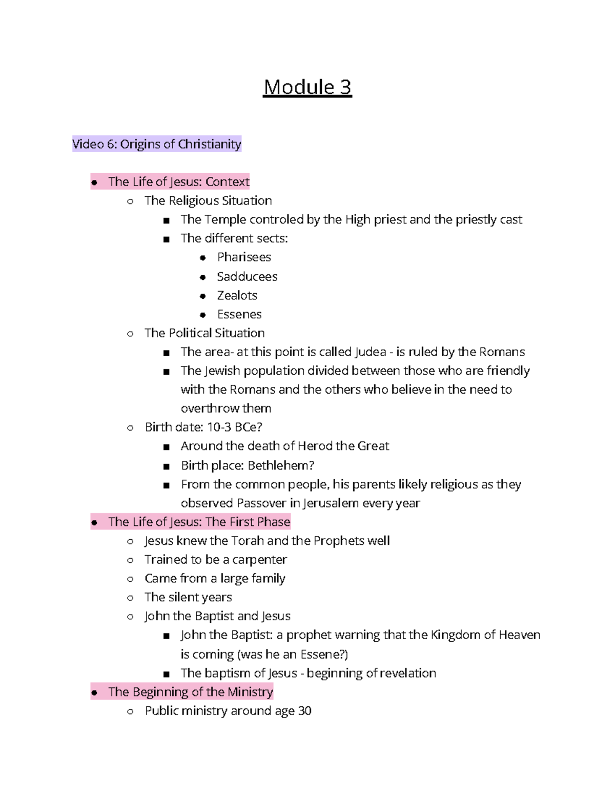 Module 3 Notes: The Life of Jesus and the Origins of Christianity - Studocu