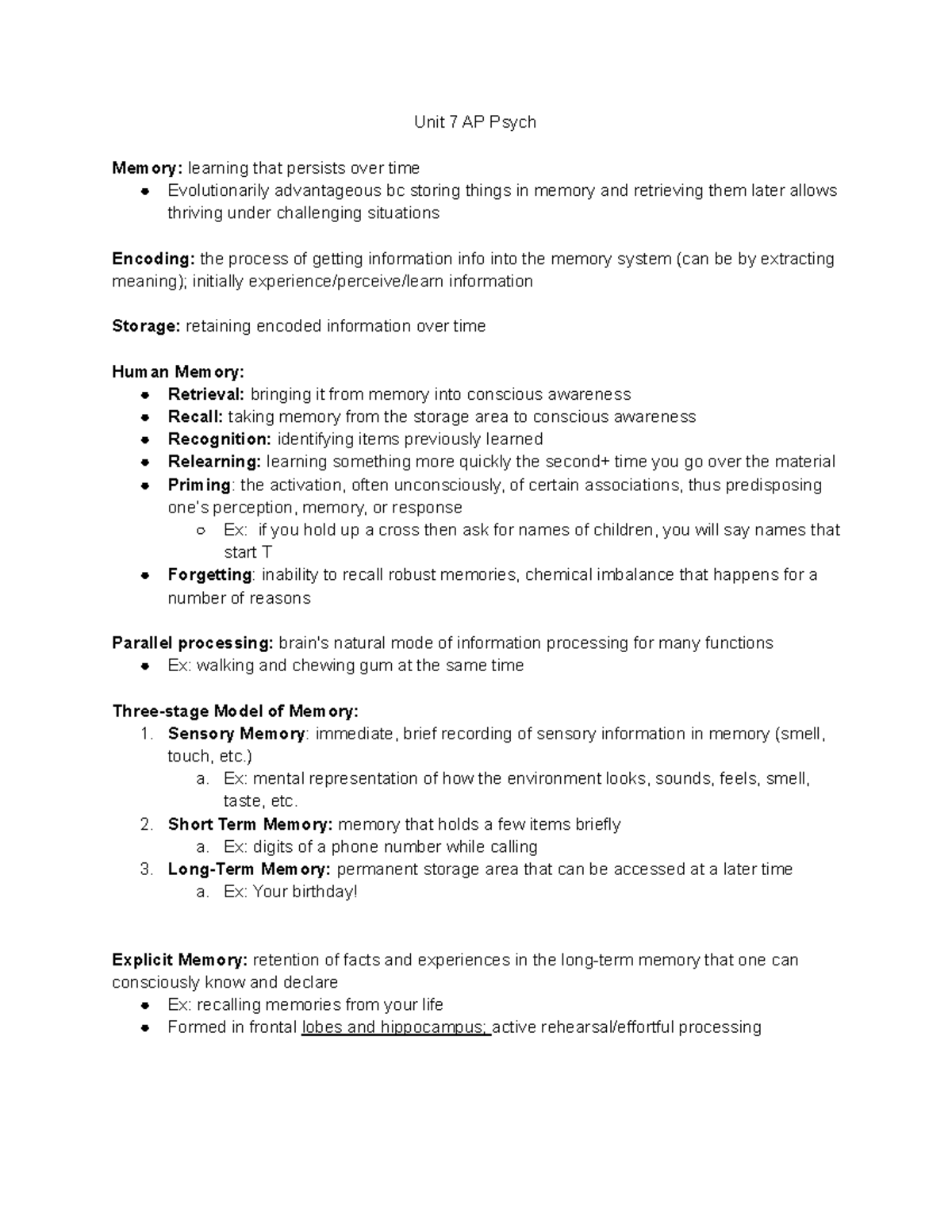 Unit 7 AP Psych: Memory Concepts and Processes Explained - Studocu