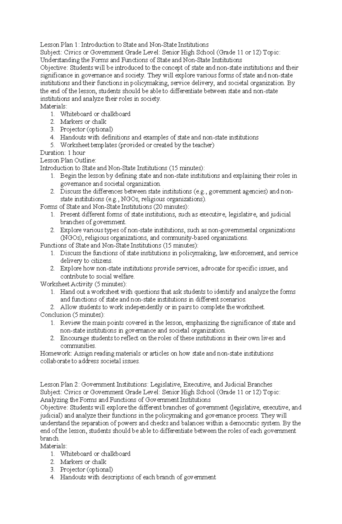 Lesson Plan 1: Intro to State & Institutions - Civics 11/12 - Studocu