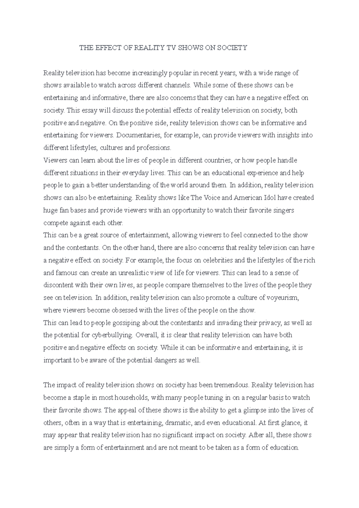 The Impact of Reality TV Shows on Society: Pros and Cons Analysis - Studocu