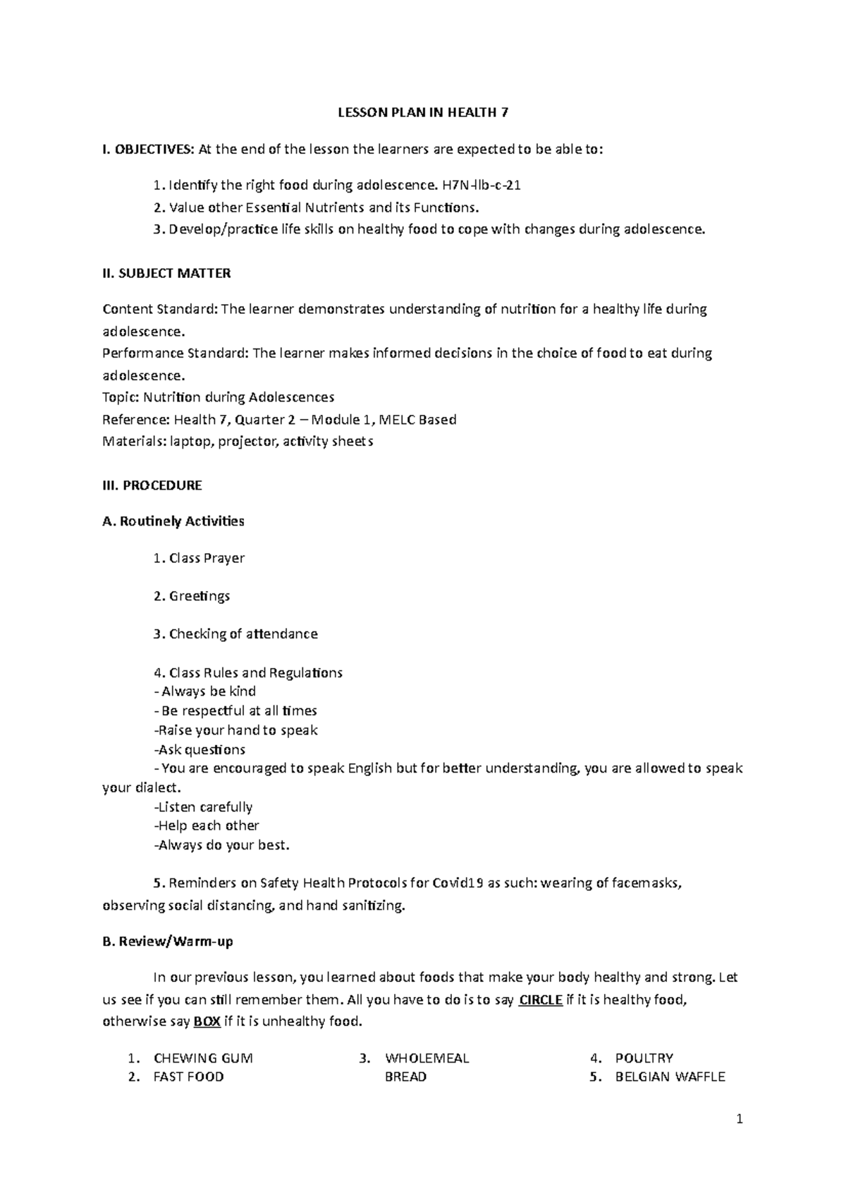 Health 7 Lesson Plan: Nutrition Focus for Adolescents Observation - Studocu