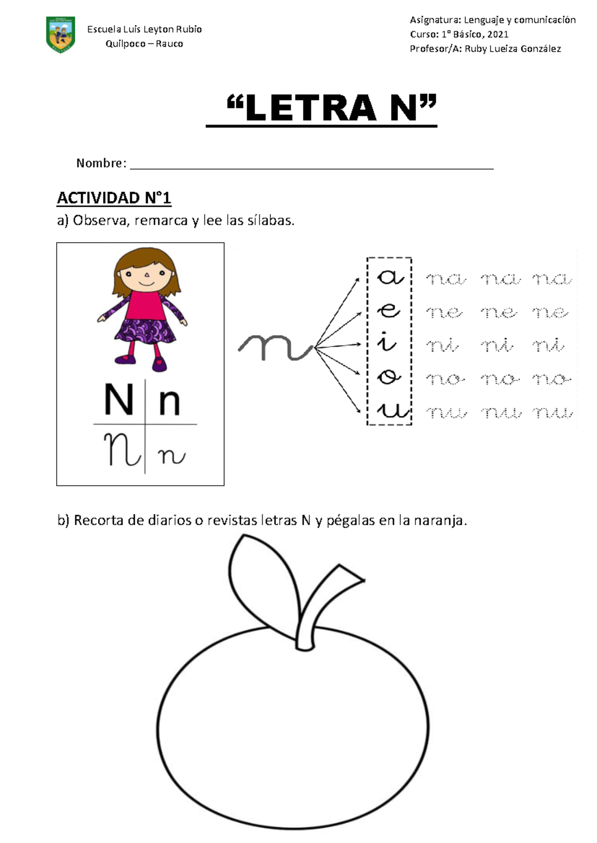 Guía de Actividades sobre la Letra N - 1° Básico 2021 - Studocu