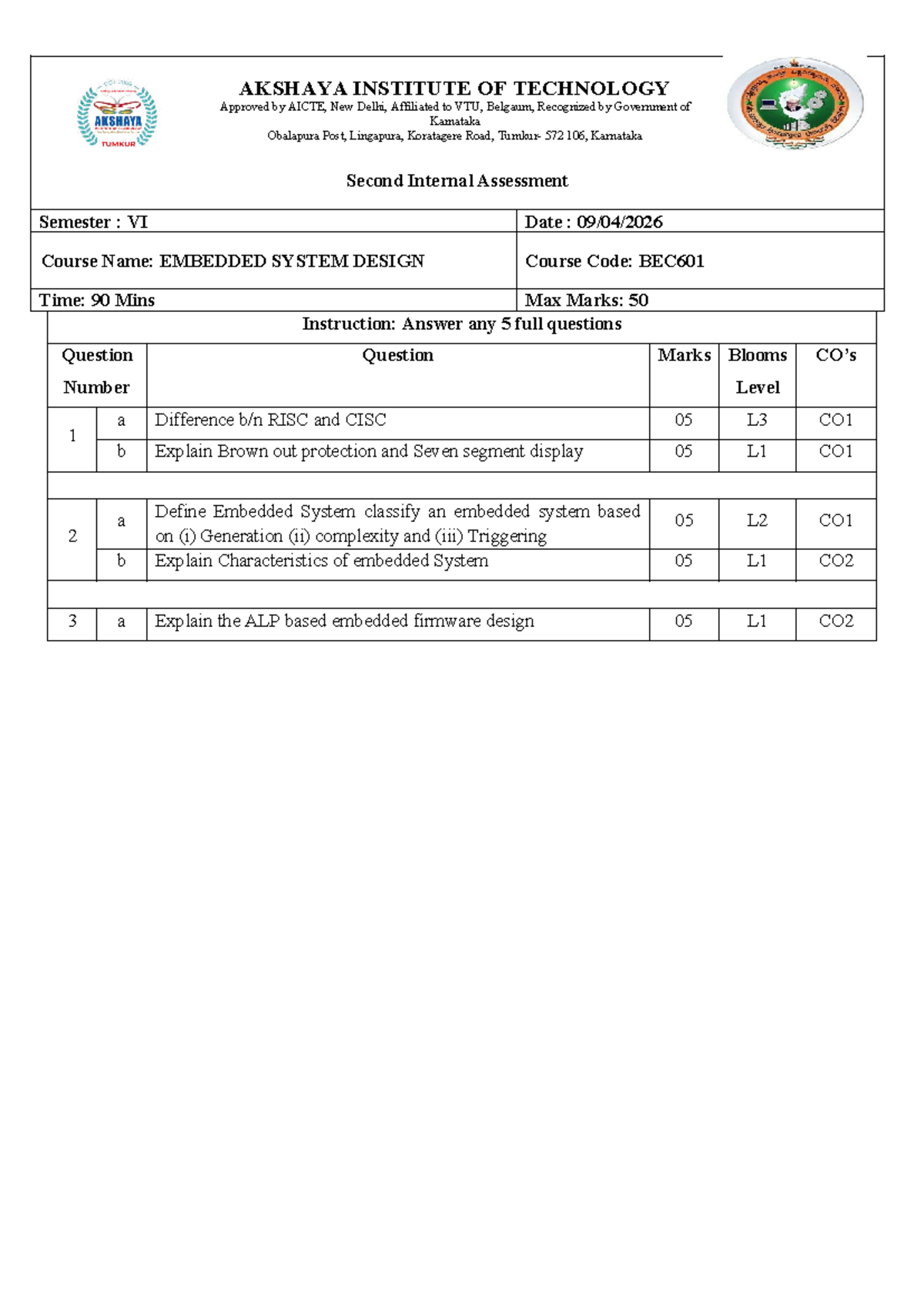 BEC601 Embedded System Design - Second Internal Assessment - Studocu