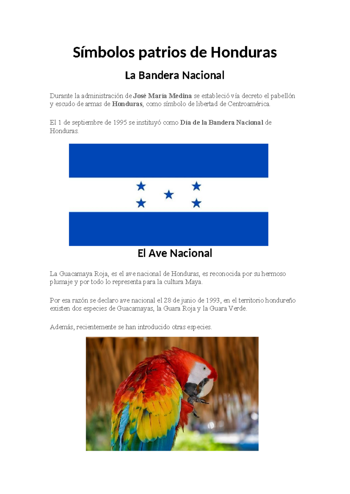 Símbolos Patrios de Honduras: Bandera, Ave y Escudo Nacional - Studocu