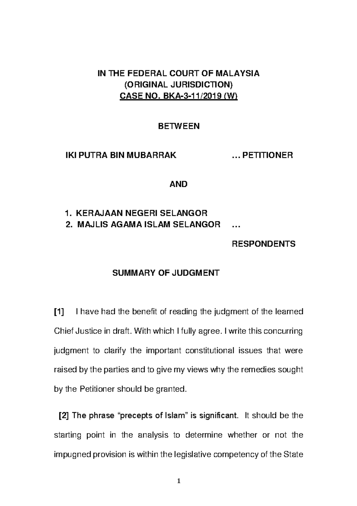 Summary IKI Putra (CJM) - IN THE FEDERAL COURT OF MALAYSIA (ORIGINAL ...