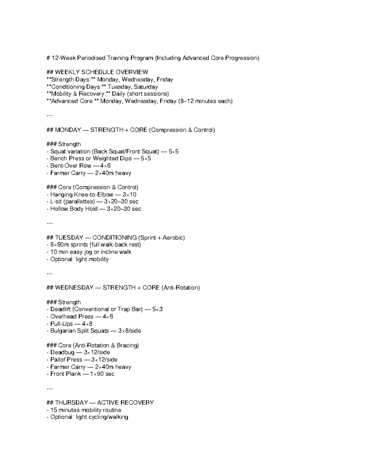 12-Week Periodised Training Program: Weekly Schedule Overview - Studocu