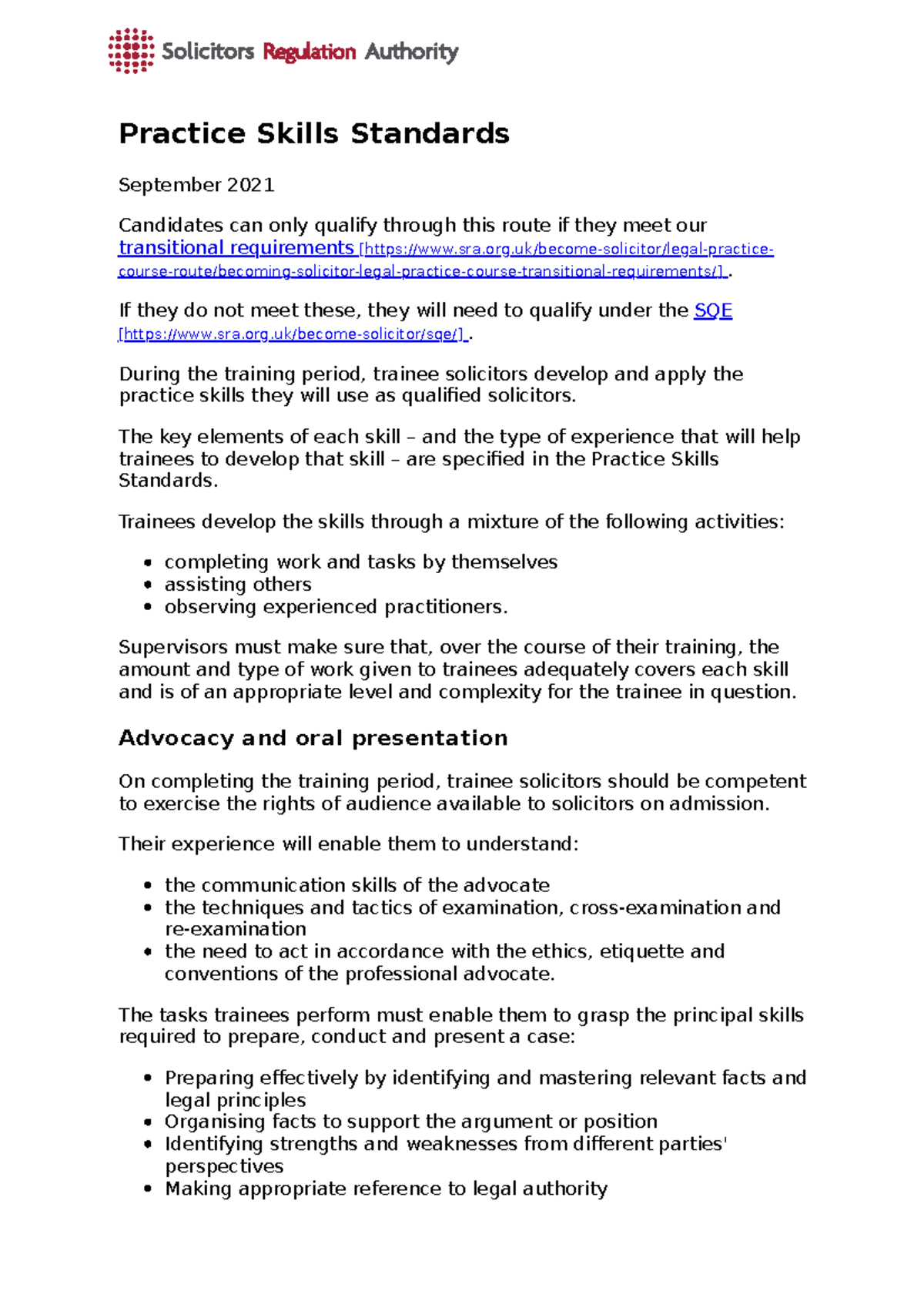 SRA Practice Skills Standards for Trainee Solicitors - Sept 2021 - Studocu