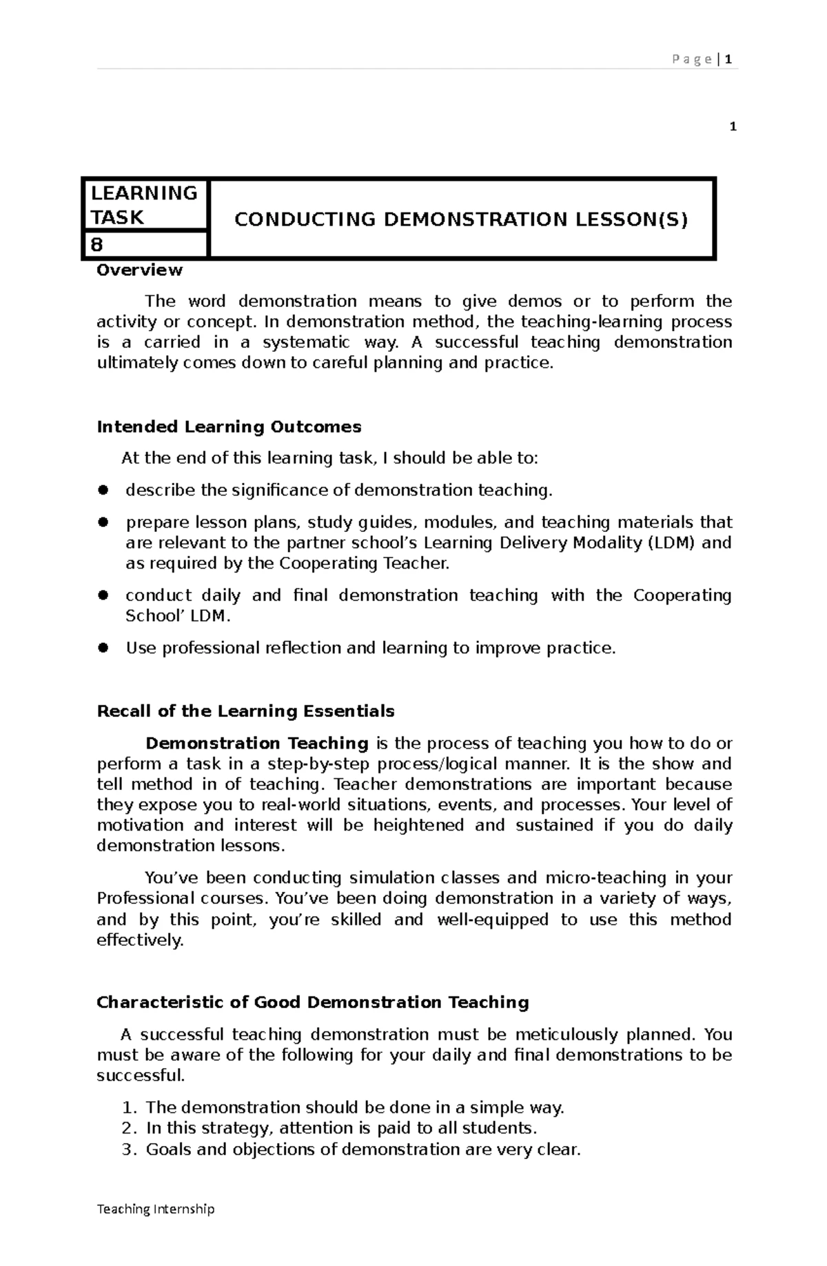 Learning Task 7: Assessment Practices in Teaching Internship Activities ...