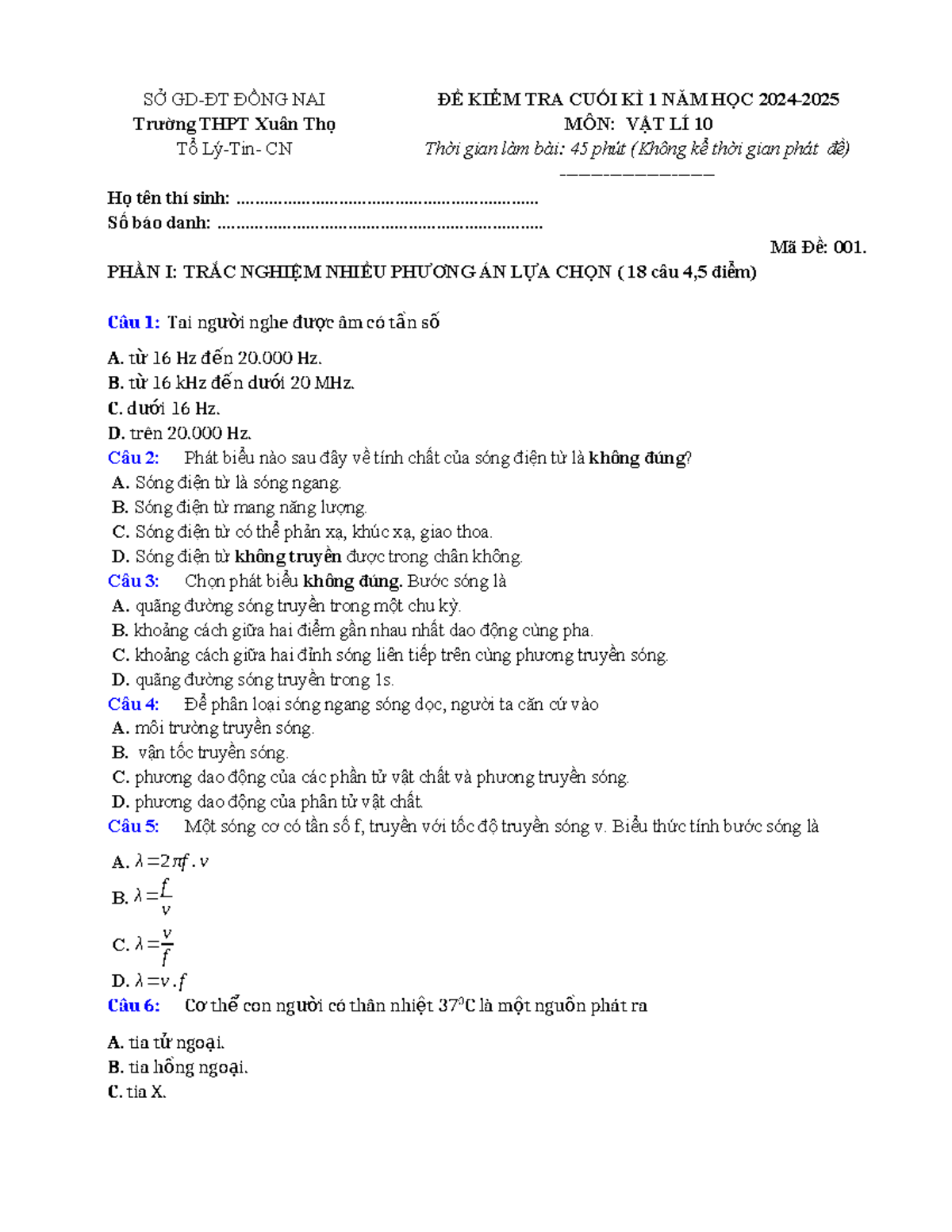 ĐỀ KIỂM TRA CUỐI KÌ 1 MÔN VẬT LÍ 10 - Mã Đề: 001 - Studocu