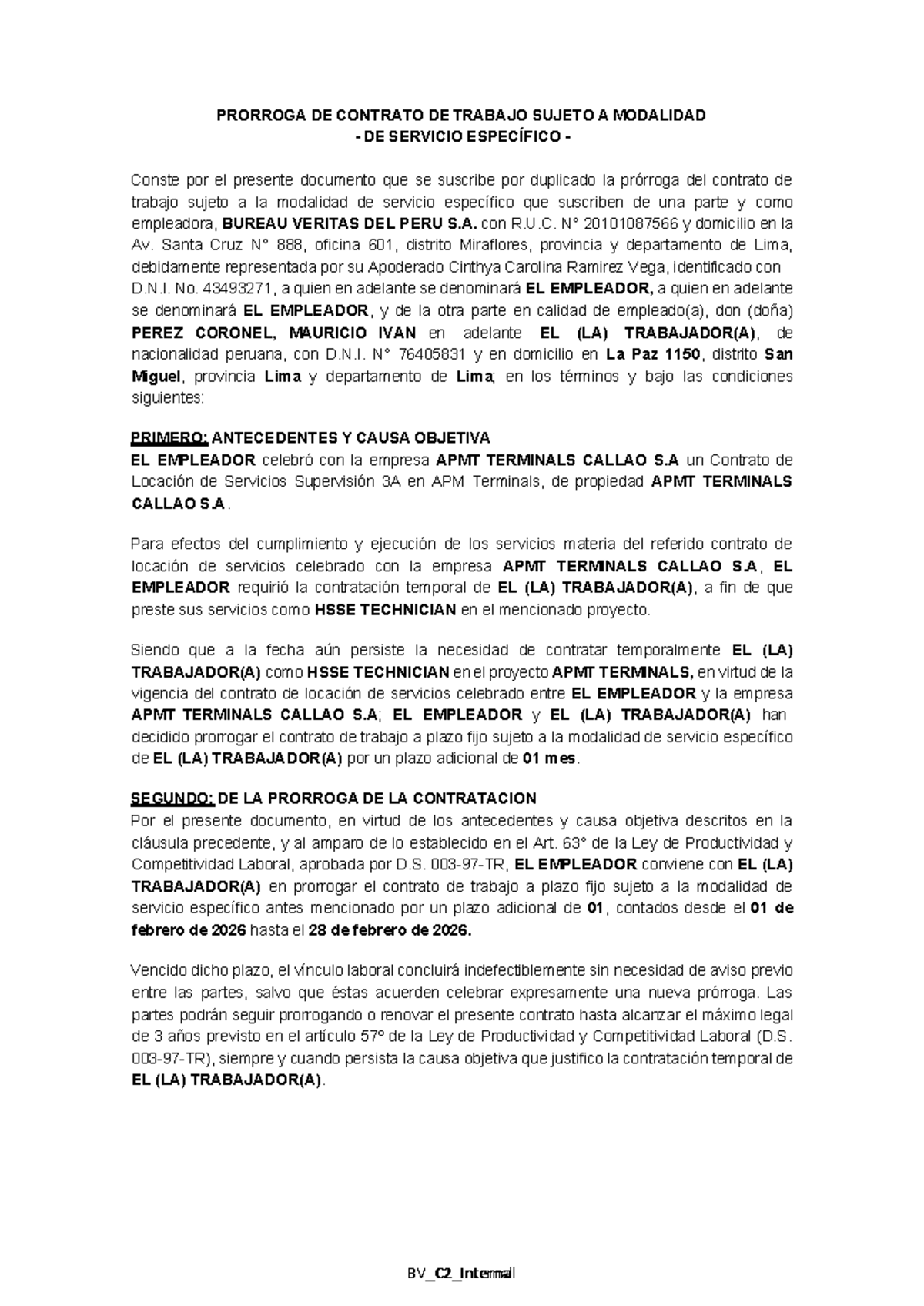 Prórroga de Contrato de Trabajo HSSE Technician ENER26 - Pérez Coronel ...