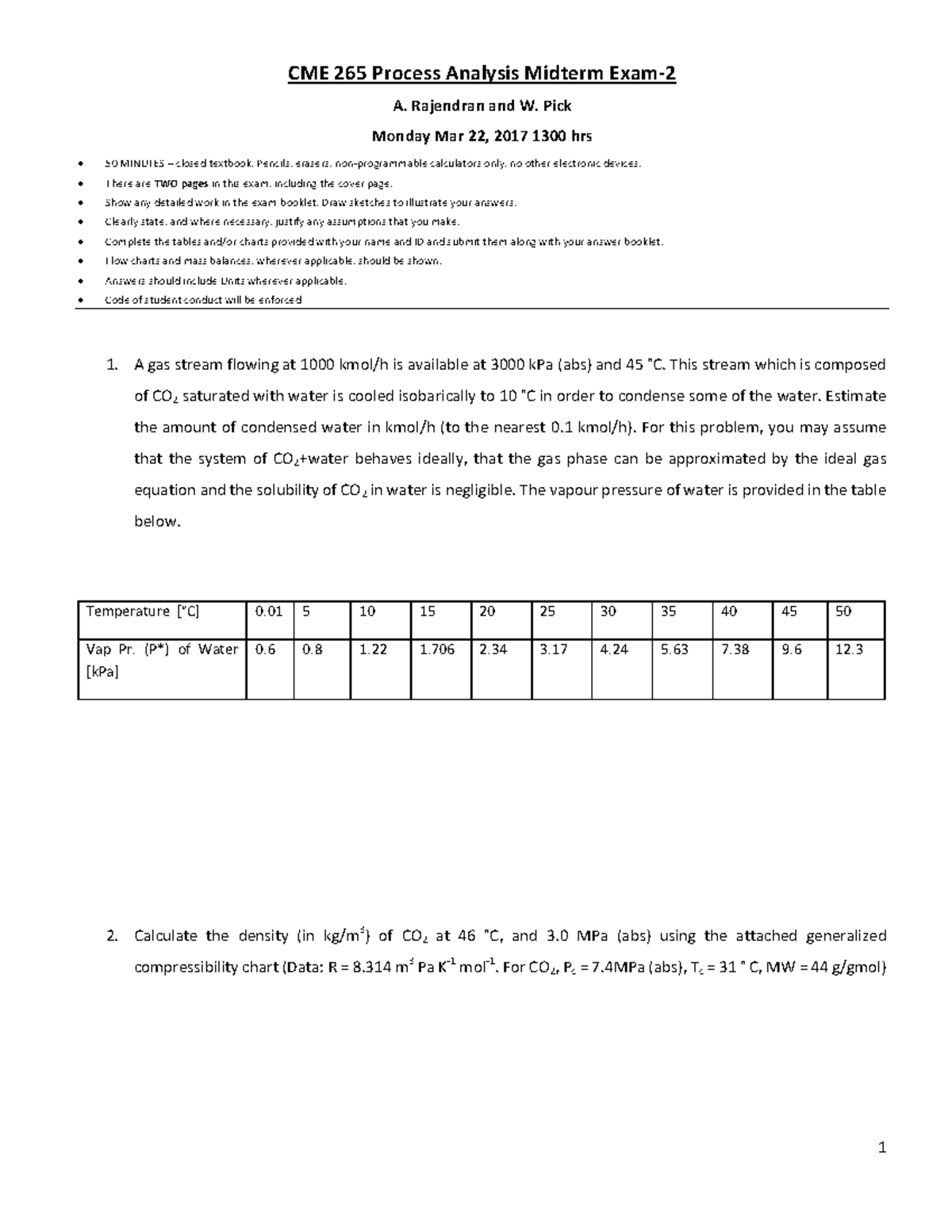 2017 Mid Term 2Consolidate - CME 265 Process Analysis Midterm Exam- 2 A ...