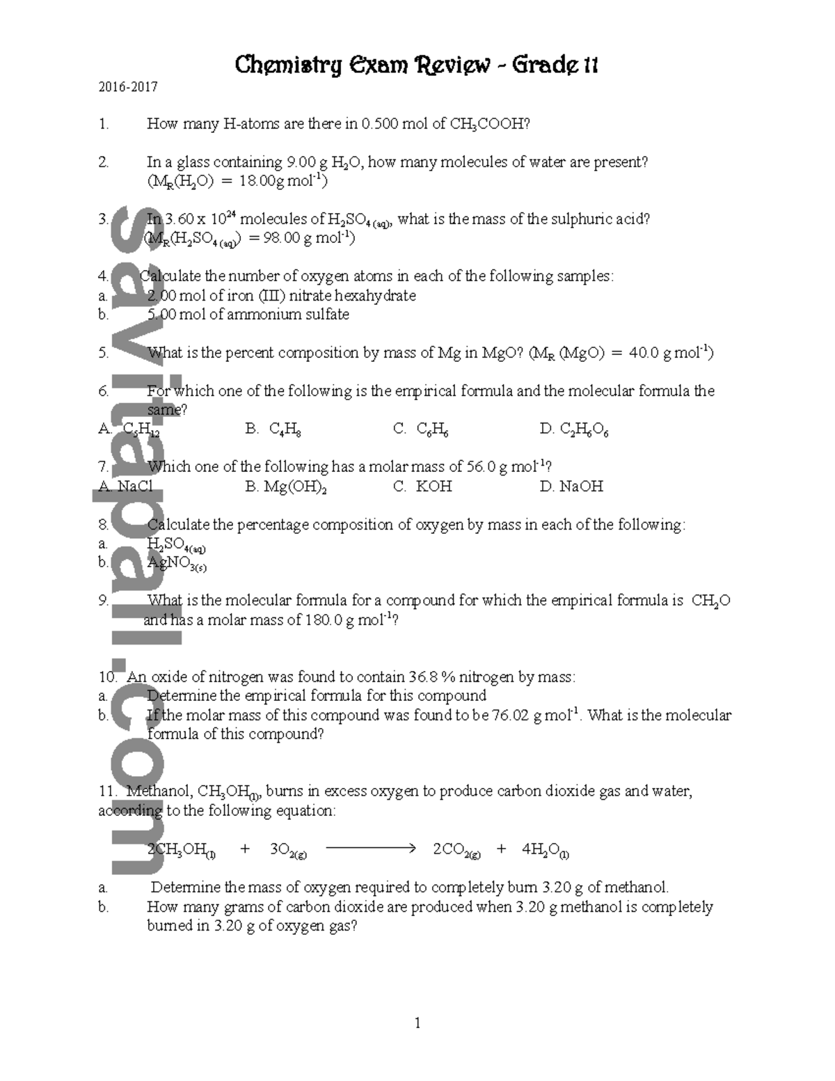 Grade 11 Chemistry Final Exam Review: Key Concepts and Problems - Studocu