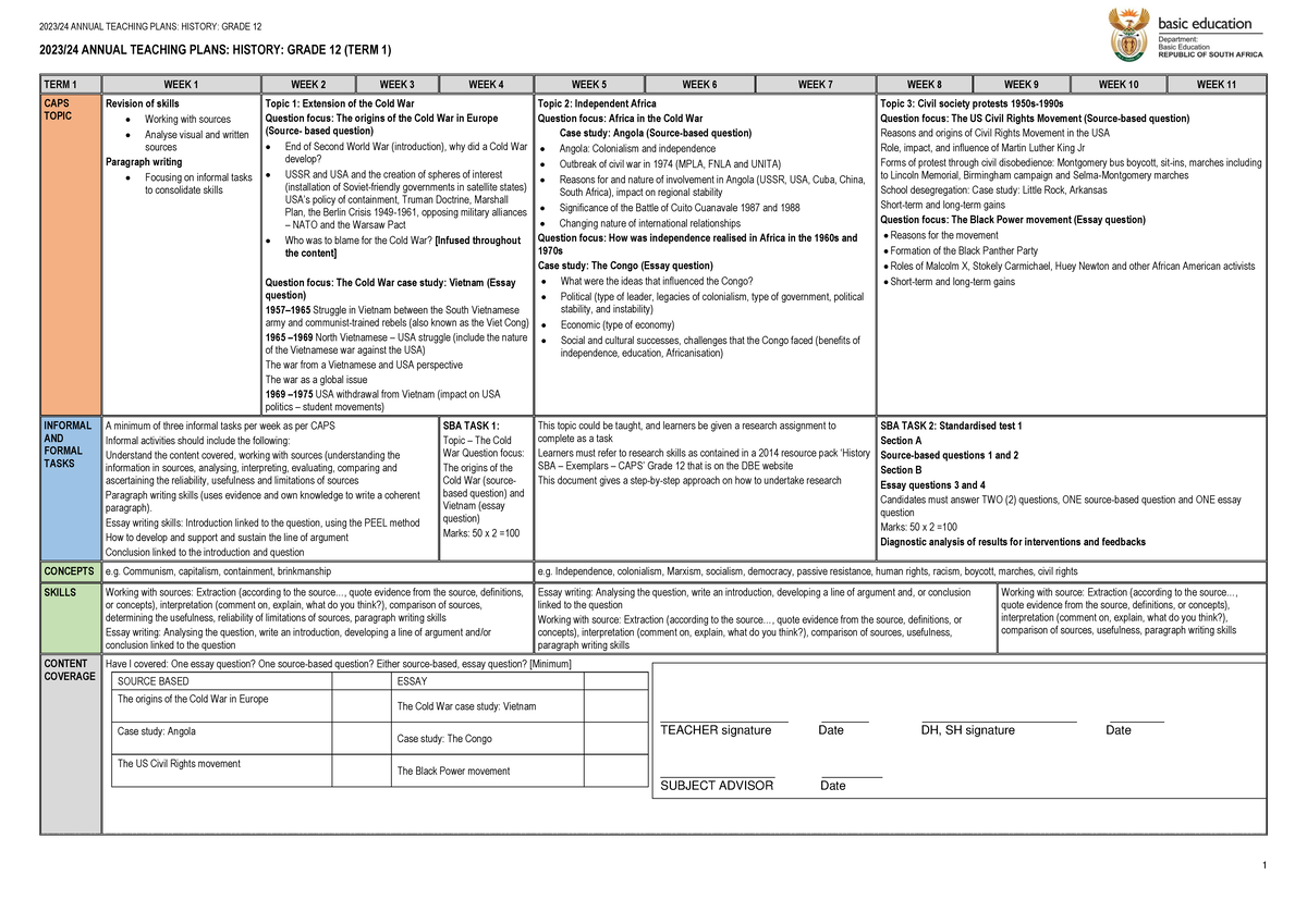 Annually teaching plan - 2023/24 ANNUAL TEACHING PLANS: HISTORY: GRADE ...