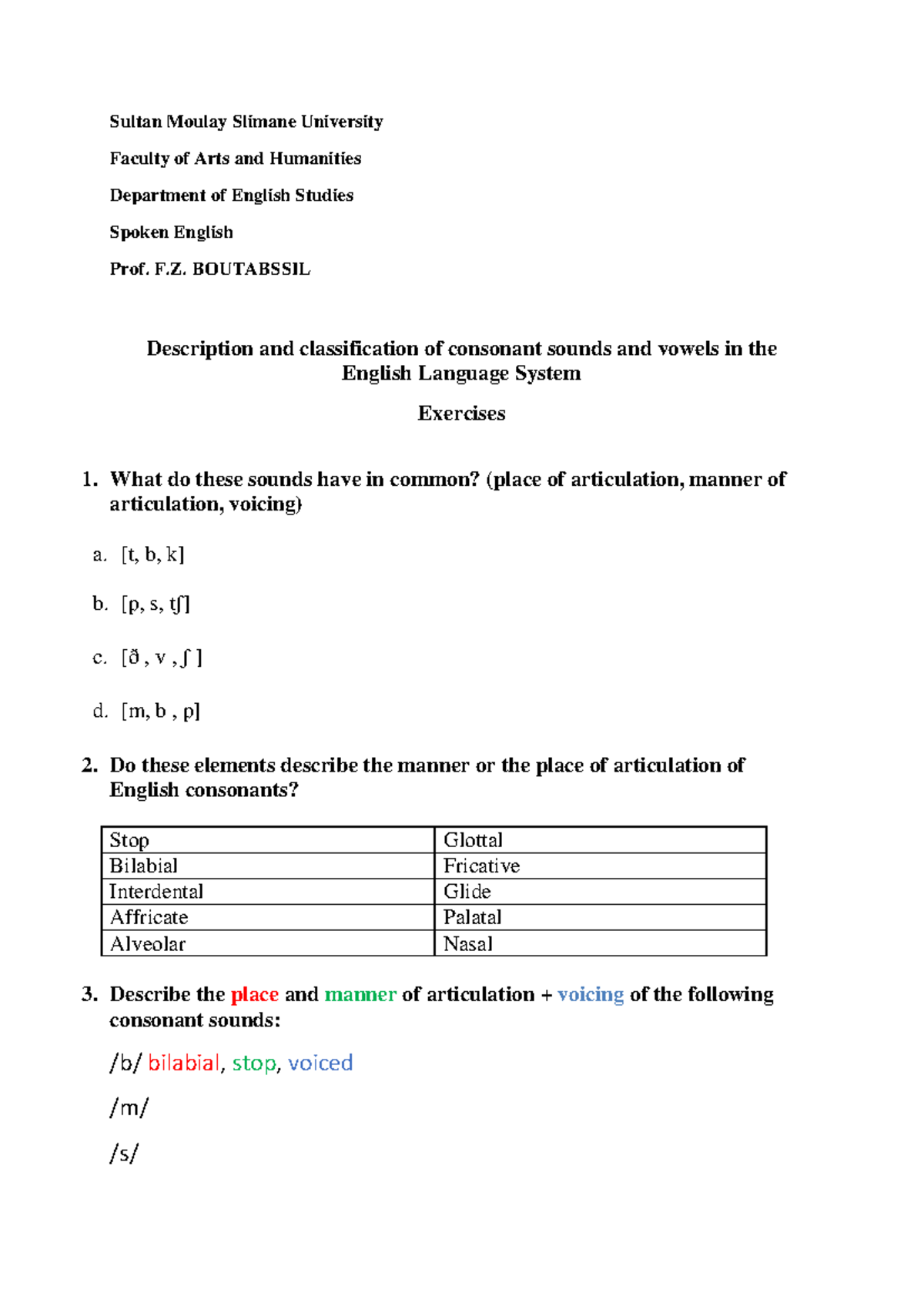 Practice on Consonant & Vowel Classification - ENG 101 - Studocu