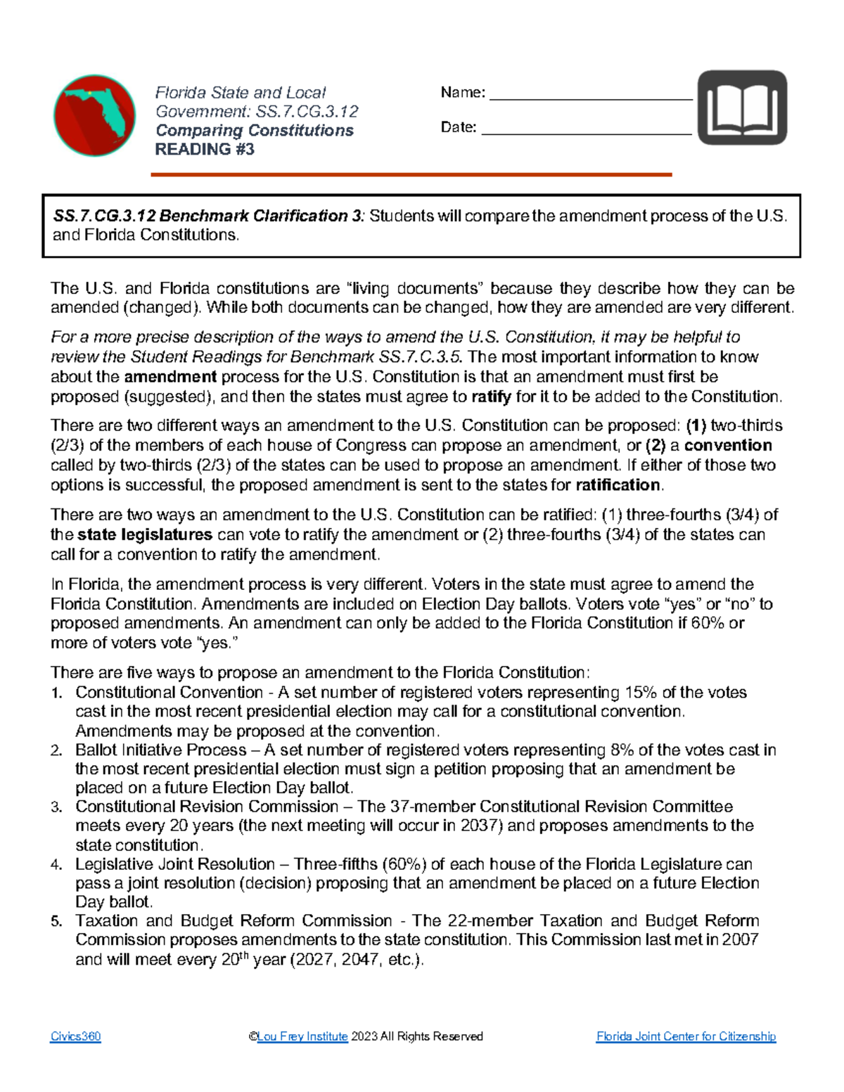 Comparing the Amendment Processes: U.S. vs. Florida Constitutions (SS.7 ...