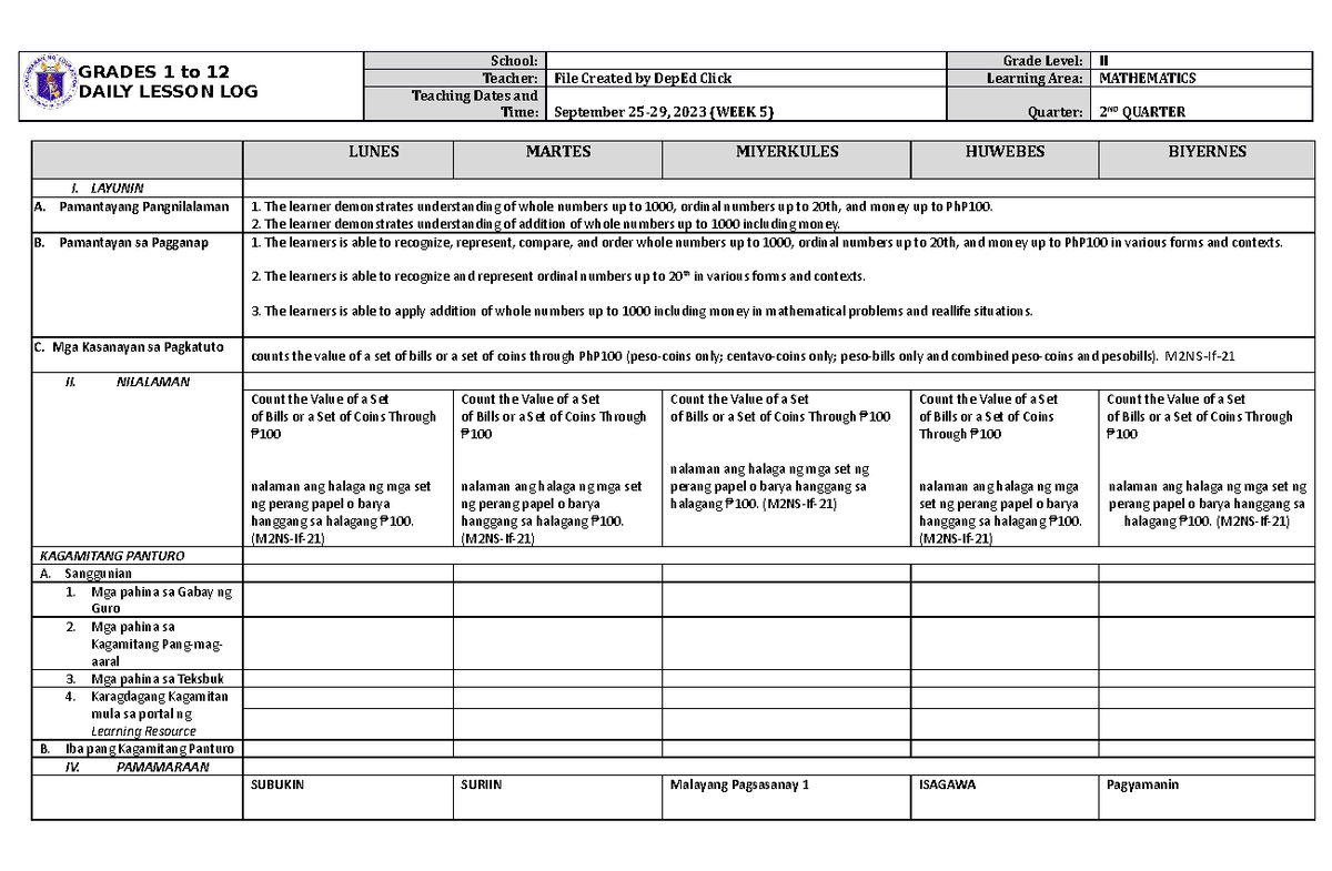 DLL Mathematics 2 Q2 W5 - dll - GRADES 1 to 12 DAILY LESSON LOG School ...