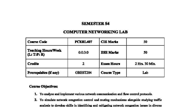 Computer Networking Lab (PCERL407) - Semester 4 Guide - Studocu