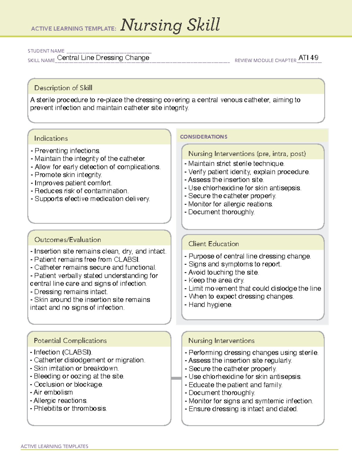 ACTIVE LEARNING TEMPLATE: Nursing Skill ATI 49 - Central Line Dressing ...