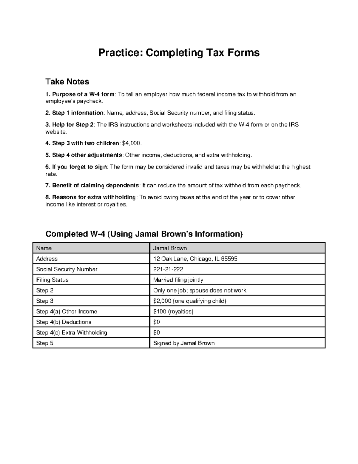 Practice: Completing Tax Forms - Notes and Examples - Studocu
