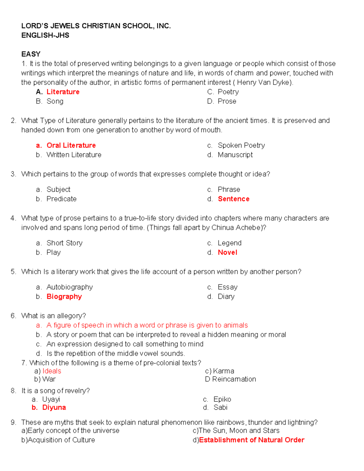 JHS English Quiz - Quiz Bee Questionnaire for Literature Topics - Studocu